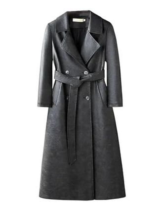 Generic Trench-coat en simili cuir pour femme - Veste longue dhiver double boutonnage &agrave; revers crant&eacute;, 1, S