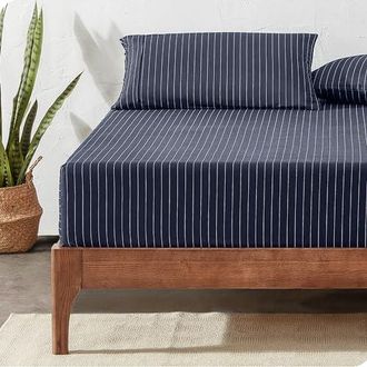 Bare Home Drap-Housse - Microfibre Premium 1800 - Ultra-Doux sans Plis - Poche Profonde (200 x 200, Fines Rayures - Minuit/Blanc)