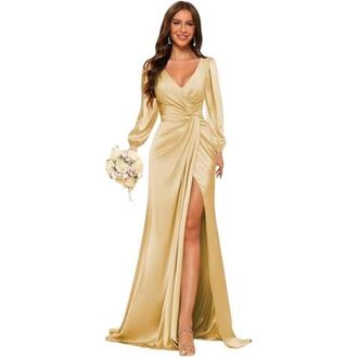 Generic Robes de demoiselle dhonneur en satin à manches longues et col en V avec fente, Grace 15, XXL