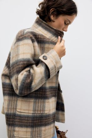 Gerard Darel Manteau court &agrave; carreaux en mohair - ALLY - Sable