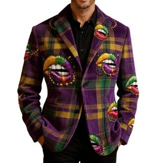 Generic Veste de costume pour homme en velours c&ocirc;tel&eacute; imprim&eacute; multicolore - Costume de carnaval - Motif Mardi Gras - Blazer - Tenue de f&ecirc;te - Vintage - Veste 