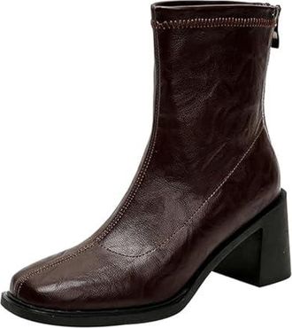 Generic Bottines habillées pour femme, bottines rétro à bout carré et gros talons en cuir, bottines courtes à talon bloc avec fermeture éclair dans le dos pou