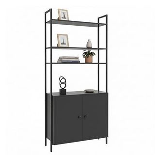 Relaxdays B&uuml;cherregal, HxBxT: 159,5 x 60 x 24 cm, 6 F&auml;cher, Regal mit Unterschrank, MDF & Metall, Standregal, schwarz