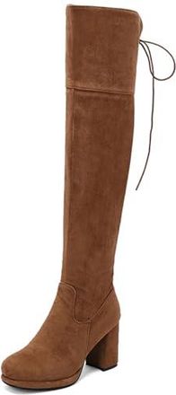 SJJH Bottes hautes &agrave; talon bloc | Bottes &eacute;l&eacute;gantes pour femme pour lautomne et lhiver, 8,5 cm de hauteur, doublure chaude, marron, 32 EU