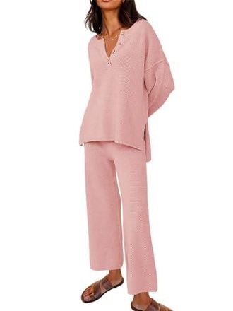 Generic Ensemble chandail 2 pi&egrave;ces pour femme, coupe d&eacute;contract&eacute;e, pull en tricot &agrave; manches longues et pantalon &agrave; jambe large, rose, taille S, pour le quotidi