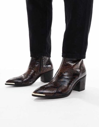 Asos Bottes &agrave; talon effet peau de serpent avec d&eacute;tail m&eacute;tallique dor&eacute; - Marron-Multicolore