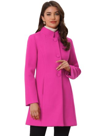 Allegra K Damen-Winter&uuml;bermantel, mittellang, Stehkragen, Einreiher, Oberbekleidung, Knallpink (Hot Pink), L