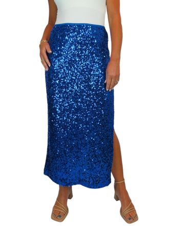 Paulo Due Damen Stretch Sequin Maxi Rock Damen Funkelnder Eleganter Rock Mit Offenem Seitenschlitz Königsblau 34-48 (XL)