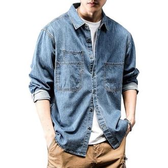 Generic Camisas Vaqueras Para Hombres Casual Work Denim Shirts Long Sleeve Cotton Regular Fit Button Up Tops with Pockets Light Blue X Large
