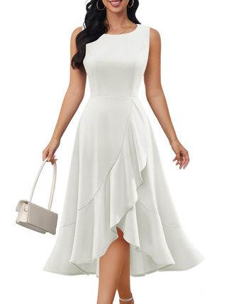 Dresstells Cocktaikleid Damen Festliche Kleider f&uuml;r Hochzeit Vintage Curvy Partykleid Hoch-Tief Abendkleid Kurz Sommer Elegant Knielang Etuikleid White XL