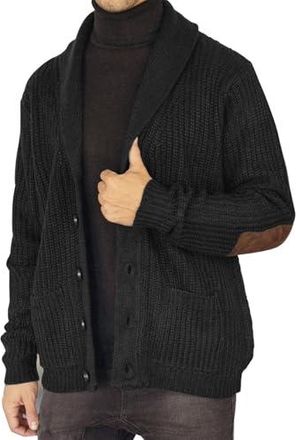 Generic Cardigan en tricot torsad&eacute; pour homme Coupe ajust&eacute;e Col ch&acirc;le boutonn&eacute; Pull dhiver &eacute;pais avec coudi&egrave;res, Noir, L