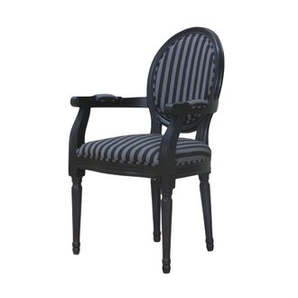 ebuy24 Amaretta, Rokoko Esszimmerstuhl, Massivholz, schwarz lackiert, antik patiniert, gepolstert, Bezug Baumwolle/Leinen gestreift, mit Armlehne, B 54 x H 9