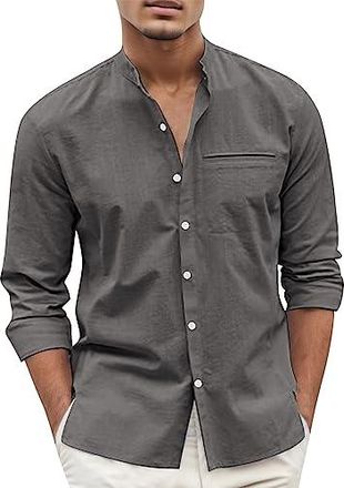 Generic Chemise en lin boutonn&eacute;e &agrave; manches longues pour homme - Chemisier d&eacute;t&eacute; de plage d&eacute;contract&eacute; - Coupe ample - Chemise de travail confortable en coton et