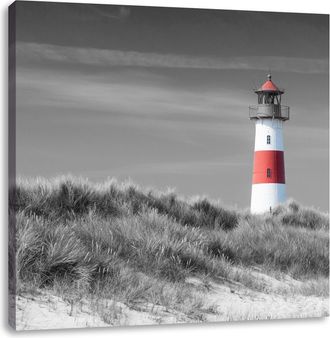 Pixxprint Leuchtturm in den Dünen schwarz, weiß, Größe: 40x40, Leinwandbild Quadratisch, Wandbild, Kunstdruck, fertig bespannt