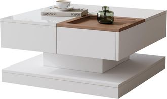 Generic Anhebbarer Multifunktionstisch 75,5x75,5x38cm mit 4 Fächern und Tablett Hochglanz Weiß & Holz Geometrischer Couchtisch für Wohnzimmer