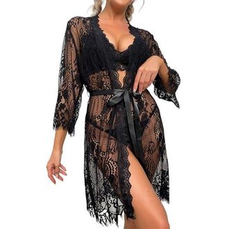 Generic Robe Femme Longue Dentelle Sexy Transparente Col V Ceinture Élégante Lingerie Nuit Tendance