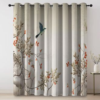Generic Gardinen mit Ösen Blickdicht Vorhänge Wohnzimmer, Orientalisch Traditionell Blumen- und Vogelmalerei Design H240×B132 cm, 2er Set Thermovorhang Hitzes