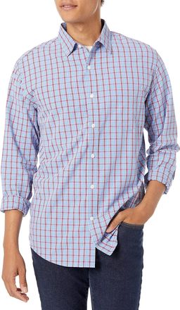 Amazon Essentials Herren Lässiges langärmeliges Popeline-Hemd Normale Passform, Hellblau Rot Karomuster, XXL