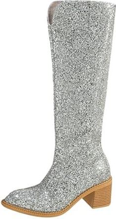 Generic Bottes Hautes Femme &agrave; Paillettes Brillantes Talon Carr&eacute; Bout Pointu Bottes De Cowboy &Agrave; Enfiler Semelle Antid&eacute;rapante Tendance Chaussures Femme D&eacute;contr