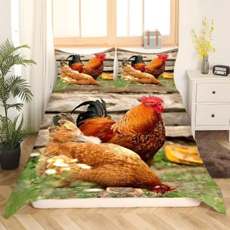 Generic Huhn Bettw&auml;sche 135x200 4teilig 2 Bettbez&uuml;ge 135 x 200 cm L&auml;ndliche Nutztiere Bettbez&uuml;ge Set Weich Atmungsaktiv 3D Wendebettw&auml;sche mit 2 Kissenbez&uuml;gen