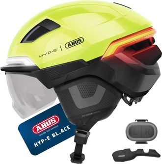 ABUS Fahrradhelm HYP-E BL.ACE - mit Front-, R&uuml;ck- und Blinklicht sowie kabellos zu aktivierendem Bremslicht - mit Visier (klar) und Ohrensch&uuml;tzern - f&uuml;r Fa