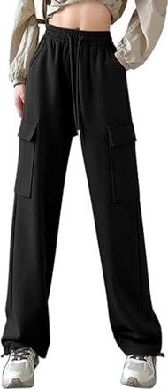 SHEKINI Pantalon de jogging à jambe droite pour femme avec poches et cordon de serrage baggy course gym entraînement pantalon décontracté, Noir, S