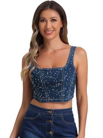 Allegra K Hauts Corset en Jean pour Femmes sans Manches Tank Tops D&eacute;bardeur Court en Denim Bleu Moyen XL