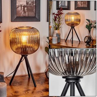 HOFSTEIN Tischleuchte Trion, Tischlampe aus Metall/Riffelglas in Schwarz/Rauchfarben, Leuchte im Retro/Vintage-Design, (&Oslash; 20cm), Schalter am Kabel, E27, Wohnzi