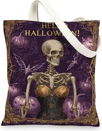 Generic Sacs fourre-tout en toile squelette dHalloween, motif squelette gothique, sacs de courses légers et réutilisables pour les fêtes, la plage, les voyage