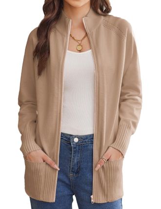 Grace Karin Daily Vintage Langarm Stehkragen Strickpullover Ausgehen Picknick Urlaub Strickpullover Khaki XXL