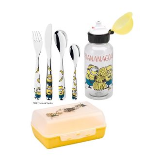 WMF Minions Kinderbesteck Edelstahl 6-teilig, mit Brotdose und Trinkflasche, ab 3 Jahre, Cromargan poliert, spülmaschinengeeignet