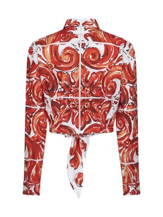 Dolce & Gabbana Womens Cropped Maiolica-Print Shirt, Orange Multicolour Cotton