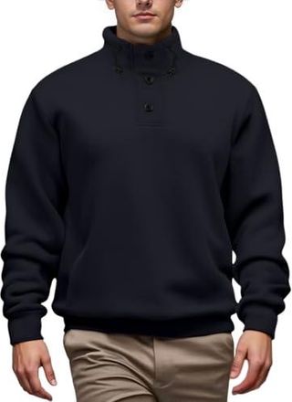 Generic Sweat-shirt en polaire confortable pour homme - Couleur unie - Col montant boutonné - Pull à manches longues pour homme - Sweat-shirt sans capuche pou