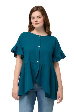 Ulla Popken Damen gro&szlig;e Gr&ouml;&szlig;en &Uuml;bergr&ouml;&szlig;en Plus Size Jacke, Leinenmix, A-Linie, Rundhals, Biobaumwolle Petrol 50+ 827114746-50+