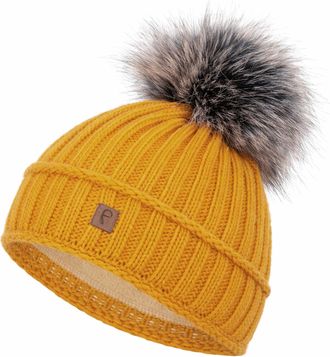 Faera Winterm&uuml;tze Damen M&uuml;tze gef&uuml;ttert mit Kunstfell Bommelm&uuml;tze M&auml;dchen Fleecefutter Winter Strickm&uuml;tze Beanie Herren 34, Farbe:Senf