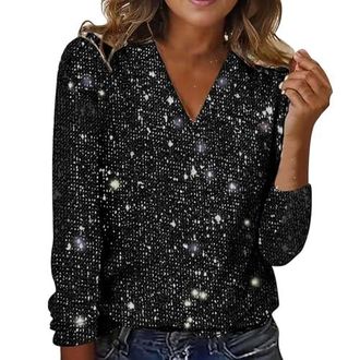 Generic Haut &agrave; paillettes pour femme - Haut &agrave; col en V 2X &agrave; manches longues - Chemisier l&eacute;ger &agrave; paillettes et &eacute;paules tombantes - Coupe classique - Chemisier 