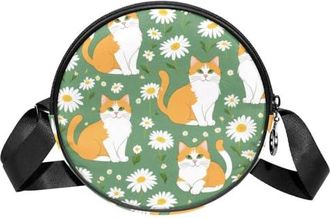 Generic Sac &agrave; bandouli&egrave;re rond pour femme, motif chats et marguerites, sac &agrave; dos avec fermeture &eacute;clair, bretelles r&eacute;glables, sac &agrave; main rond d&eacute;contract&eacute; pour 