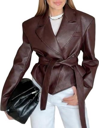 Generic Veste en cuir synth&eacute;tique pour femme - Automne et printemps - Ceinture d&eacute;contract&eacute;e - Tendance - Blazer tendance - Fermeture &eacute;clair - V&ecirc;tement dext&eacute;ri