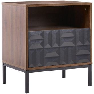 Beliani Table de Chevet en MDF Pieds en M&eacute;tal avec &Eacute;tag&egrave;re et Tiroir de Rangement Motif G&eacute;om&eacute;trique Noire et Marron Fonc&eacute; Caraquet
