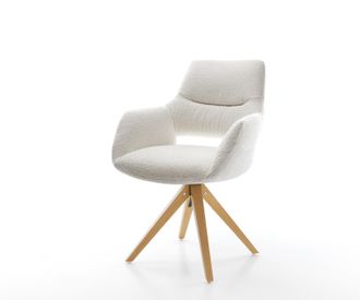 DELIFE Drehstuhl Yago-Flex mit Armlehnen Boucl&eacute; Creme-Wei&szlig; Holzgestell kantig Natur 180&deg; drehbar Taschenfederkern, Esszimmerst&uuml;hle