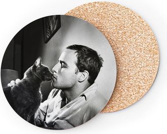 Fabulous Untersetzer aus rundem Korkboden - Marlon Brando Schwarze Katze, niedlich, Schauspieler, Kino, Vintage, 1 Einheit (95 x 95 mm)