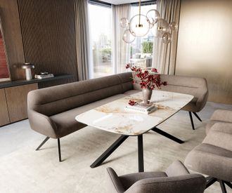 DELIFE Esszimmerbank Taya-Flex 285x190 cm Strukturstoff Soft Taupe Kreuzgestell kantig Schwarz Taschenfederkern Links, B&auml;nke