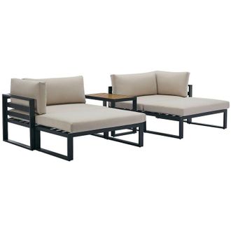 Vente-Unique Salon de jardin modulable en aluminium : 2 fauteuils dangle, 2 poufs et une table basse - Noir avec coussins beige - NOLLAY de MYLIA