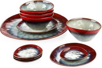 VANCASSO Service de table 11 pi&egrave;ces en c&eacute;ramique rouge avec plateau de service, assiette &agrave; dessert, bols et soucoupe. STARRY-R