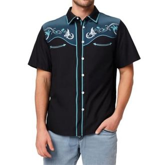 Generic Chemise &agrave; manches courtes pour homme, coupe r&eacute;guli&egrave;re, chemise boutonn&eacute;e et bouton-pression vintage, chemise formelle imprim&eacute;e confortable, haut d&eacute;t&eacute; 