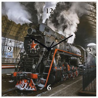 Artland Wanduhr ohne Tickgeräusche Alu Quarzuhr 30x30 cm Quadratisch Lautlos Lokomotive Eisenbahn Retro Antik Klassisch S6AU