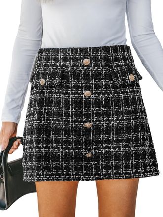Cupshe Damen Rock Hoher Bund Knöpfen Tweed Karo Minirock High Waist Kurz Karierter Freizeitrock Elegant Mini Short Skirt Schwarz XS