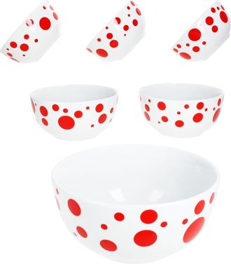 MamboCat Pula rot 6er Set Müslischale 14cm I 400ml I weiße Porzellan-Schüssel mit Punkten für 6 Personen I Schälchen für Salat, Suppe, Müsli, Chips & Co