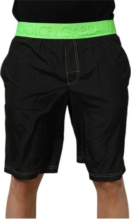 Dolce & Gabbana Homme, Maillots de bain, Noir, Taille: M Short de Bain Noir avec Ceinture Verte et Logo Maillots de bain