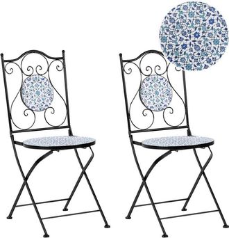 Beliani Lot de 2 Chaises de Jardin Bistrot Vintage en M&eacute;tal Ext&eacute;rieur Motif Floral Mosa&iuml;que Pliantes Noir Chapeco